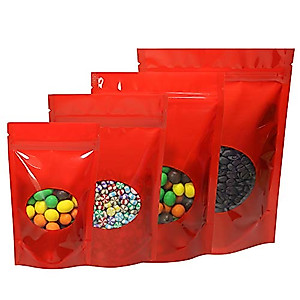 Double-Sided Matte/Glossy Color with Clear Round Window Stand-Up Pouch (100 Bags/Pack) (6.3" x 8.7", Glossy Red)