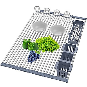 Extra Large Expandable Roll Up Dish Drying Rack Up to 25.1''with 2 Storage Baskets,Over The Sink Kitchen Rolling up Dishes Drainer, Foldable,Rollable for Fruits