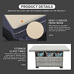 Patio Conversation Set Sectional Sofa 9 Pieces Outdoor Sectional Wicker Furniture Couch Storage Glass Table with Thicken(5") Anti-Slip Navy Blue Cushions Furniture Cover Grey PE Rattan