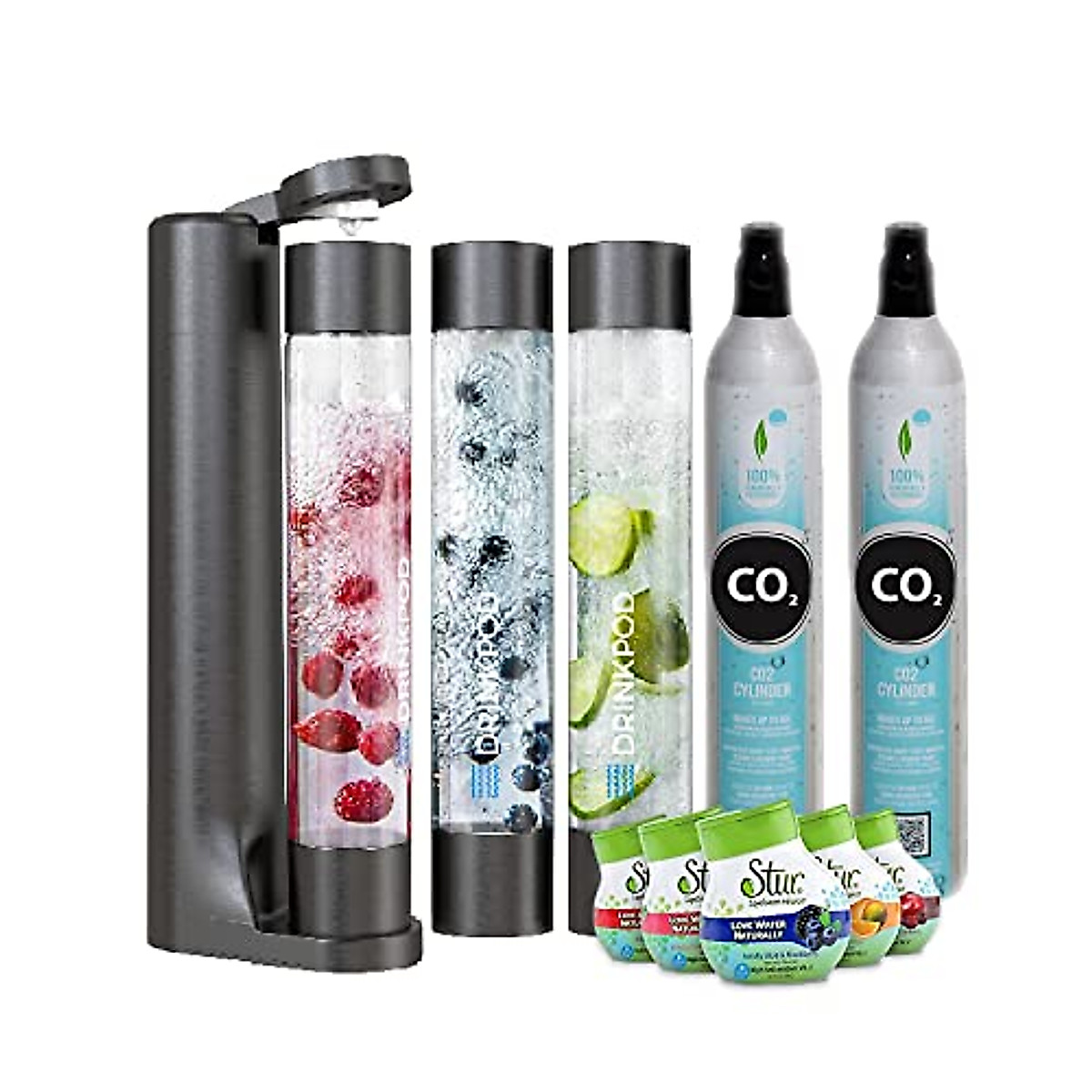 FIZZpod Soda Maker With TWO CO2 Cylinder- Fizzy Drink Machine with 3 PET Bottles, 3 Caps, 1 Carbonator Cap and Manual - Make Homemade Sparkle Water, Juice, Coffee, Tea and Cocktail Drinks with Fruit (Black + 2 CO2 + Stur Drink Mix)