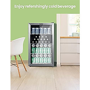 COMFEE' CRV115TAST Cooler, 115 Cans Beverage Refrigerator, Adjustable Thermostat, Glass Door With Stainless Steel Frame, Reversible Hinge Door And Legs For Home, Apartment