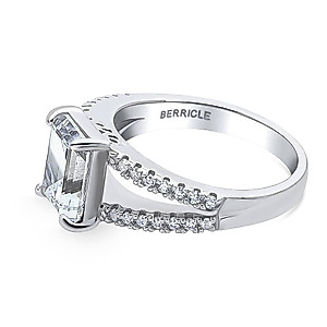 BERRICLE Sterling Silver Solitaire Wedding Engagement Rings 2.6 Carat Emerald Cut Cubic Zirconia CZ Cocktail Promise Split Shank Ring for Women, Rhodium Plated Size 7