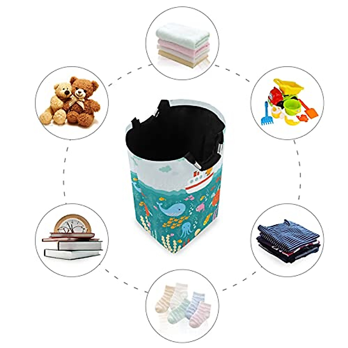 Rabbit Hare on Ship Dolphin Sea Turtle Fishes Octopus Turquoise Ocean Laundry Hamper Basket Bucket, Foldable Dirty Clothes Bag, Waterproof Fabric Washing Bin, Toy Storage with Handles for Bathroom