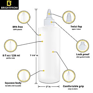BRIGHTFROM Twist Top Applicator Bottles, Squeeze 8 OZ Empty Plastic Bottles, Refillable, Open/Close Nozzle - Hair Coloring/Multi Purpose (Pack of 2)