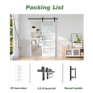 Fredbeck 32in x 84in White Glass Barn Door with 5.5FT 66inch Sliding Door Hardware Kit Included & Handle,PVC Surface,Need to Assembly,Water-Proof,Fit 29in-31in Opening