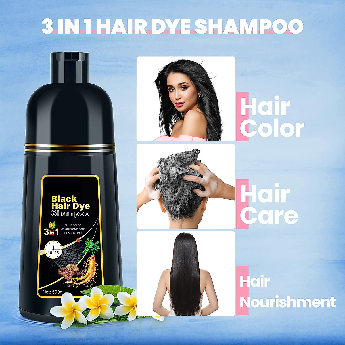 JUANCHI Hair Dye Shampoo 3 in 1 for Gray Hair, Herbal Ingredients Shampoo Hair Dye for Women Men, Grey Coverage Shampoo 500ml (Black)