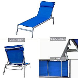 Domi 3 Pieces Adjustable Chaise Lounge Set Outdoor Patio Lounge Chair All Weather Five-Position Recliner Chair Set w/Coffee Table for Patio, Pool, Yard (Blue)
