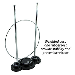 GE Traditional Rabbit Ear HD Digital TV Antenna, Long Range Smart TV Antenna, Extendable 15in Rabbit Ear Dipoles and Ciruclar Loop, Supports 4K 1080P HD Smart TV VHF UHF, Compact Design, 33676