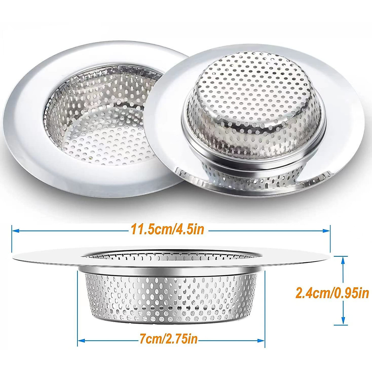 2pcs Kitchen Sink Strainer Stainless Steel,4.5" Sink Strainers for Kitchen Sink,Food Catcher for Most Sink Drains Kitchen Sink Basket Strainer Steel Sink Filter (Upgrade)