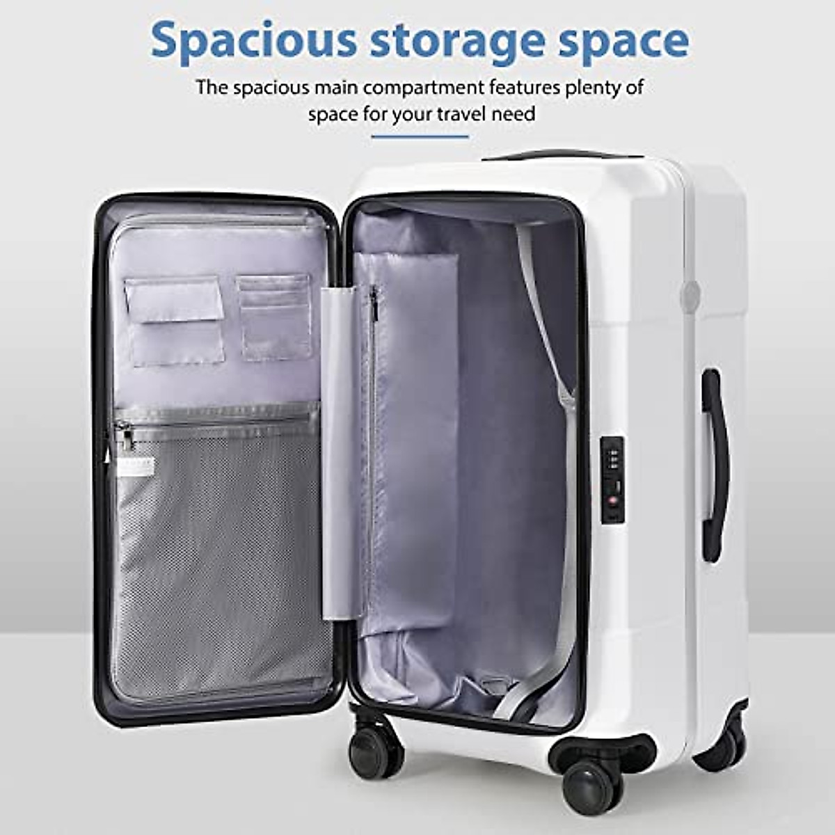 Coolife Luggage Carry On Spinner Suitcase Set with Pocket Compartment Weekend Bag Hardside Trunk (snow white_Aluminium Frame type, 20in(carry on))