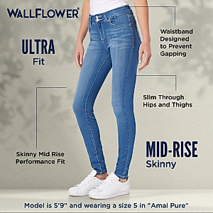 WallFlower Women's Ultra Skinny Mid-Rise Insta Soft Juniors Jeans (Standard and Plus), Amal Pure, 5 Long