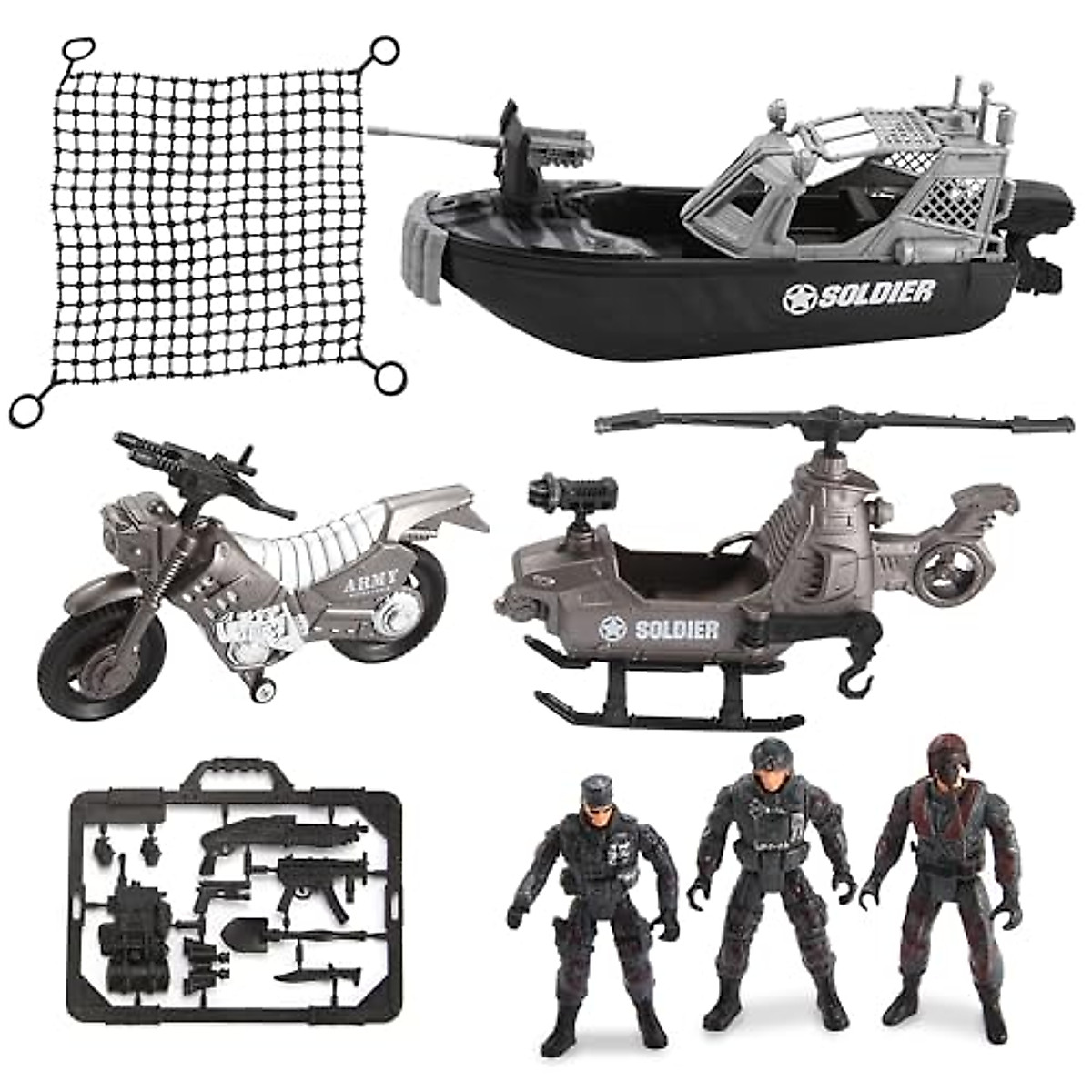 JOYIN 9 Pcs Combat Boat and Military Vehicle Toys Set with Realistic Military Combat Boat, Mini Helicopter, Motorcycle, Army Men Toy Soldiers Action Figures and Other Equipment Accessories
