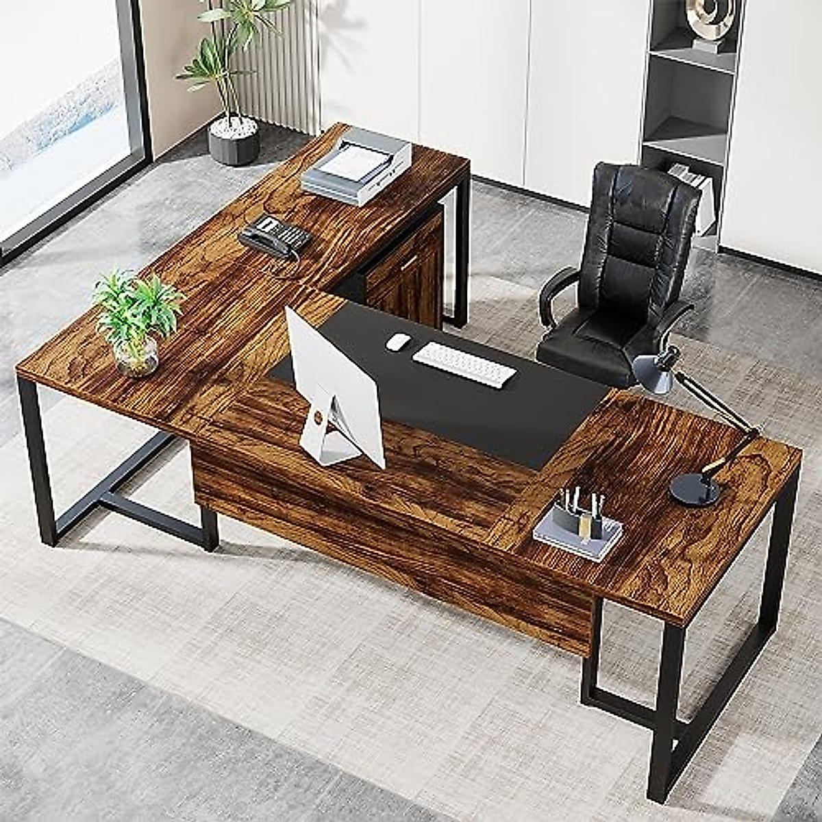 LITTLE TREE 70.8 Inches Executive Office Desk with File Cabinet, Large L Shaped Executive Desk with Storage Cabinet, Modern Office Desk with Drawers for Home Office(Rustic Brown Black)