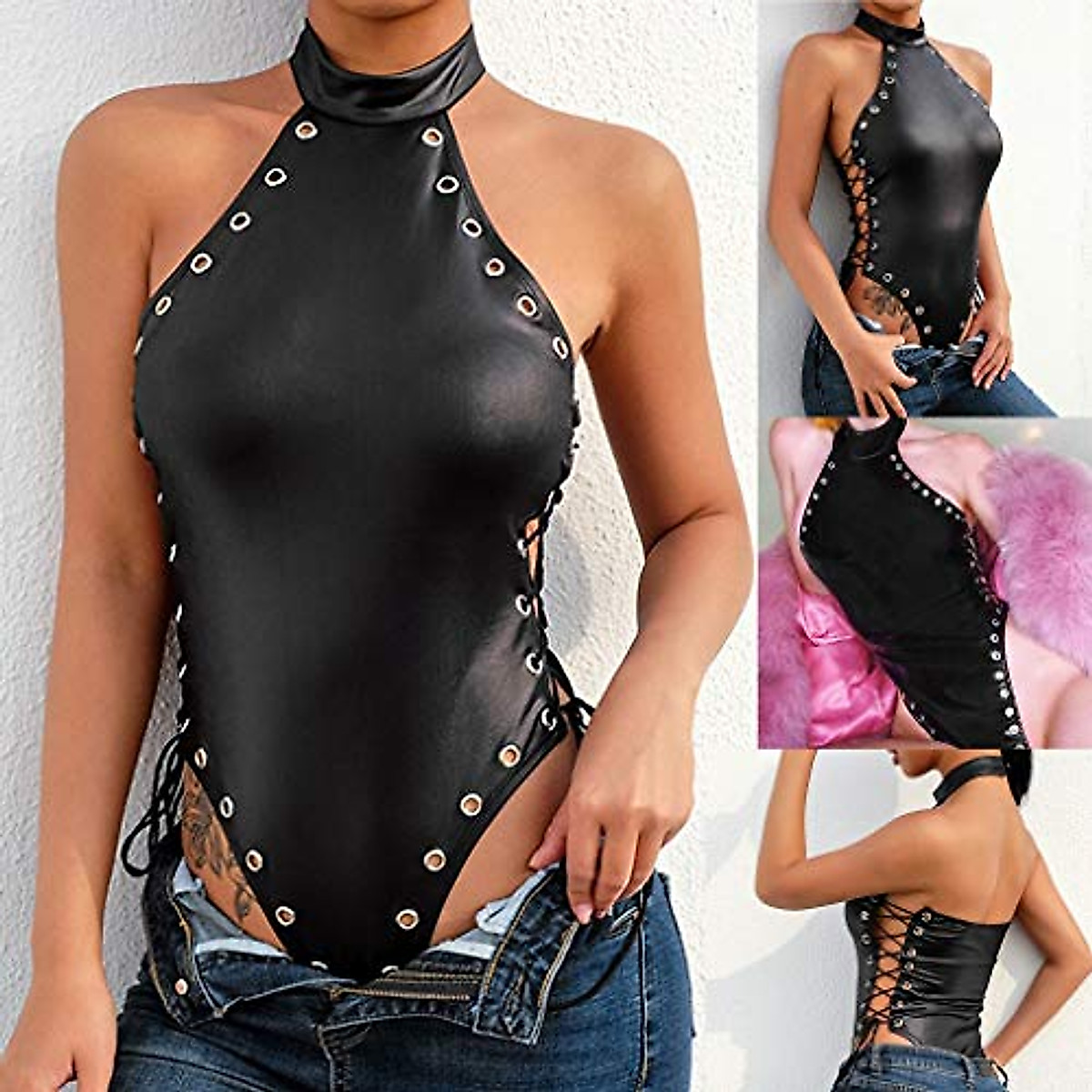VFJIEQD Sexy Leather Bodysuit for Womens Lace-up Jumpsuit PU Romper Teddy Lingerie Leotard Clubwear Latex, #1 Black (rh0513jsxv2ODije4)