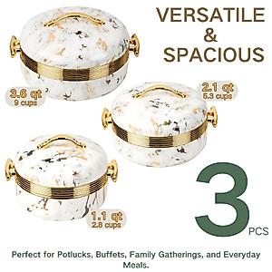 TOMANOON Round Thermal Hot/Cold Serving Bowls Set of 3, 3.5/2/1 L Insulated Casserole Dishes With Lid, Great for salad, stews, and soup, Ideal for parties, holidays, and Travel(Marble White)