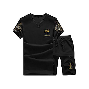 PASOK Men's Casual Tracksuit Full Zip Running Jogging Athletic Sports Jacket And Pants Set Short Style Black M