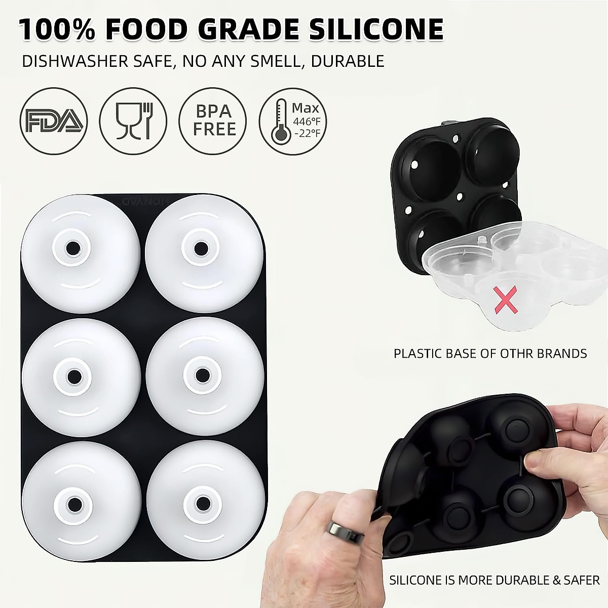 HONYAO Whiskey Cocktail Ice Mold, Easy Fill and Release Silicone Round Ice Ball Maker Mold Large Square Ice Cube Tray with Lid - 6 Ice Balls + 6 Ice Cubes Black