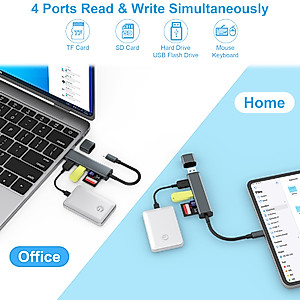 TIANSONG USB 3.0 SD Card Reader with Dual USB Ports, USB C SD Card Reader for iPhone 15/iPad/Mac 4 Ports Read and Write Simultaneously Memory Card Adapter for MacBook Pro/Air iMac Android S23 S22