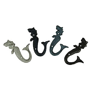 Zeckos Set of 4 Colorful Coastal Cast Iron Mermaid Decorative Wall Hooks 6 Inches High Ocean Décor