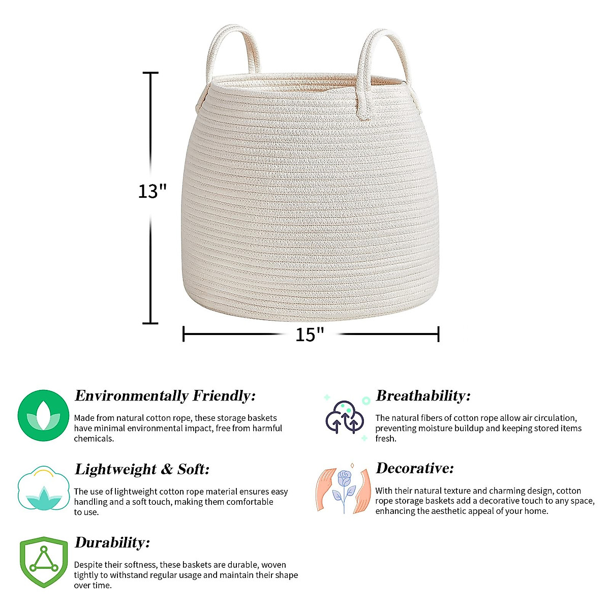 R RUNKA Nursery Laundry Basket | Kids Hamper for Blankets, Pillows,Toys (15"x 13")| Baby Toy Basket | Nursery Storage for Boho Room Decor | Ideal Gift for Baby Showers| White