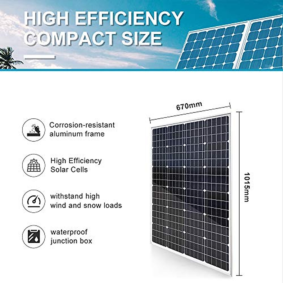 120 Watts 12 Volts Monocrystalline Solar Panel High Efficiency Module PV Panel for Battery Charging Boat Caravan RV and Any Other Off Grid Applications