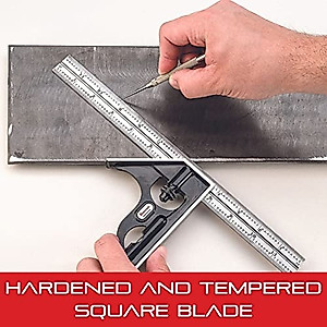 Starrett Student Combination Square - Ideal for Youngsters and Apprentices - 6" Blade Length, Cast Iron Head, Hardened and Tempered Square Blade, 4R Graduation - 10H-6-4R