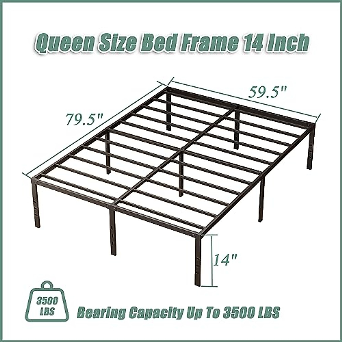 JTPTU 14 Inch Queen Size Bed Frame No Box Spring Needed,Heavy Duty Metal Queen Platform Bed Frame,Steel Slat Support, Easy Assembly, Noise Free,Black Queen Bed Frame