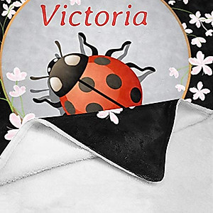 Custom Blanket with Name Text,Personalized Cute Ladybug on Pink Flower Super Soft Fleece Throw Blanket for Couch Sofa Bed (50 X 60 inches)