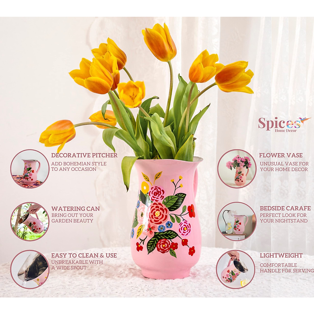 Hand Painted Stainless Steel Water Pitcher - Large Metal Water Jug, for Cold Drinks, Floral Design Beverage Carafe for Entertaining & Home Decor. 8” height, 1 Quart Decorative Vase. (Pink)