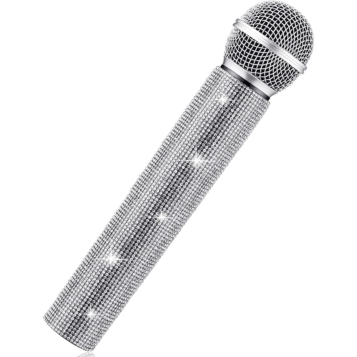 Sanwuta Fake Microphone Prop Halloween Microphone Sparkly Bling Rhinestones Plastic Play Microphone Pretend Glitter Bedazzled Microphones for Halloween Cosplay Party Supplies(Silver)