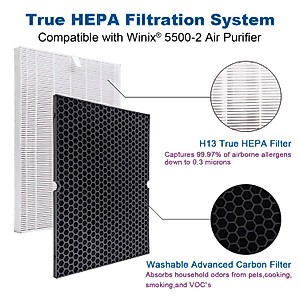 Flintar 116130 True HEPA Replacement Filter H, Compatible with Winix 5500-2 Air Purifier, Premium H13 Grade True HEPA and Washable Advanced Carbon Filter, Part # 116130, H Filter, 2-Pack