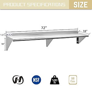 HALLY SINKS & TABLES H Stainless Steel Shelf 18 x 72 Inches, 500 lb, Commercial Wall Mount Floating Shelving for Restaurant, Kitchen, Home and Hotel