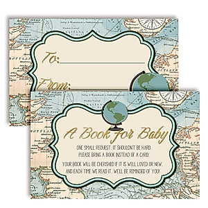Adventure Awaits World Traveler Gender Neutral “Bring A Book” Cards for Baby Showers, 20 2.5 by 4 Inch Double Sided Insert Cards by AmandaCreation, Invite Guests to Bring A Book for the Baby