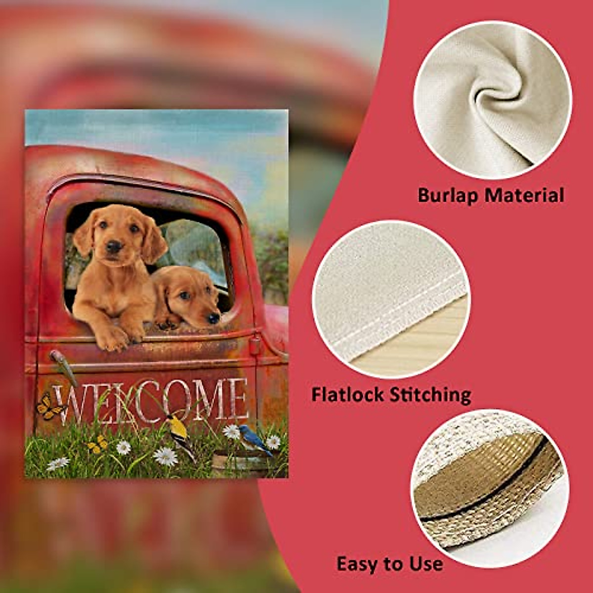 Covido Home Decorative Welcome Spring Dog Golden Retriever Garden Flag, Summer Red Truck Yard Puppy Outside Decoration, Outdoor Small Burlap Decor Double Sided 12x18