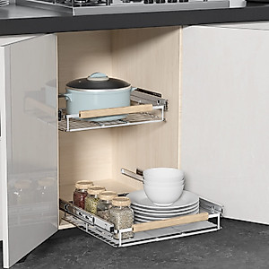 FESDOS Expandable Pull Out Cabinet Organizer Heavy Duty Under Sink Storage Basket Slide Out Cabinet Shelves Sliding Drawer Storage For Kitchen, Bathroom, Wardrobe, Wire Frame, Chrome Finish, Set of 1