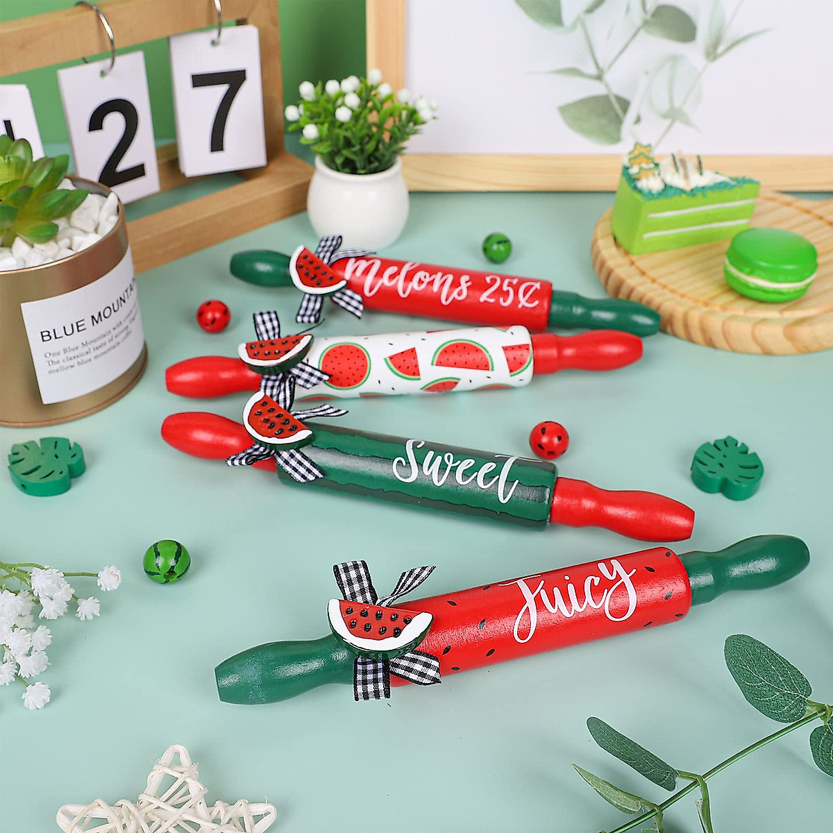 Whaline 4pcs Watermelon Mini Rolling Pins Red Green Watermelon Tiered Tray Decor with Bow Summer Home Kitchen Wooden Farmhouse Watermelon Decoration Table Centerpiece for Shelf Mantelpiece