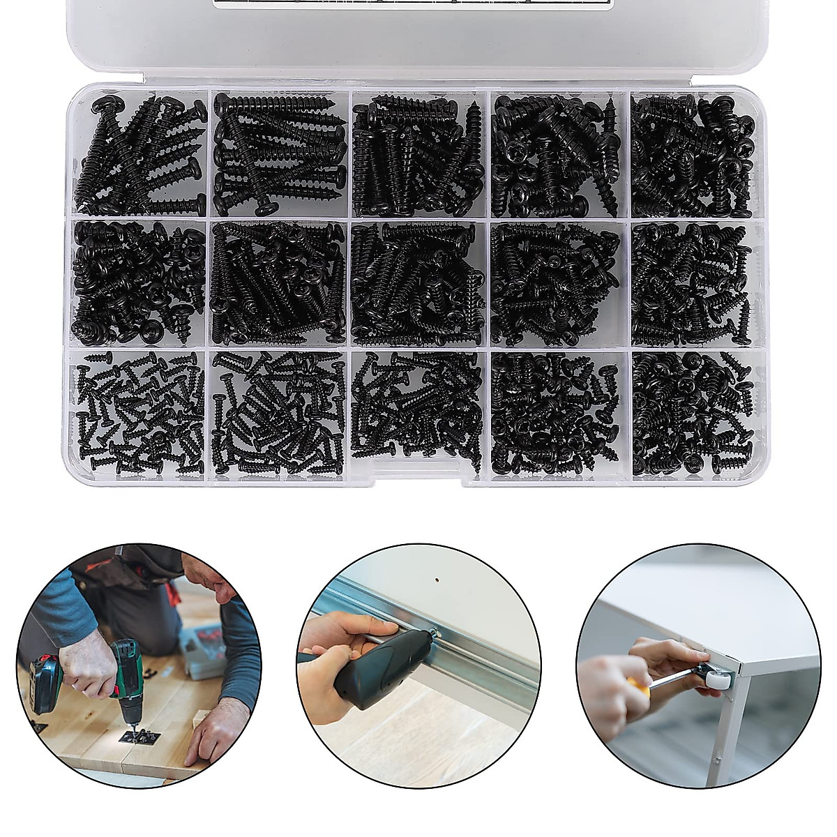 HanTof 625pcs M2 M3 M4 Phillips Pan Head Self-Tapping Wood Screws,14 Sizes Cross Recessed Round Head Self Tapper Screws Assortment Kit for Wood,Plastic and Soft Metal,Black Carbon Steel,Sharp Point