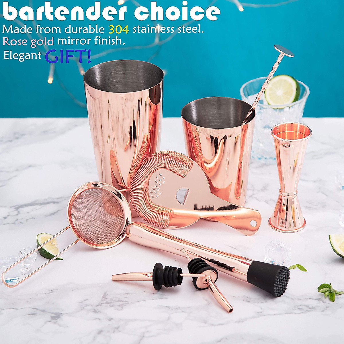 Boston Cocktail Shaker Set Bartender Kit Rose Gold Bar Set, 9 Pcs Barware Gift Set, 18oz & 28oz Shaker Tins, Cocktail Strainer Set, Japanese Jigger, Muddler, Bar Spoon & Liquor Pourers