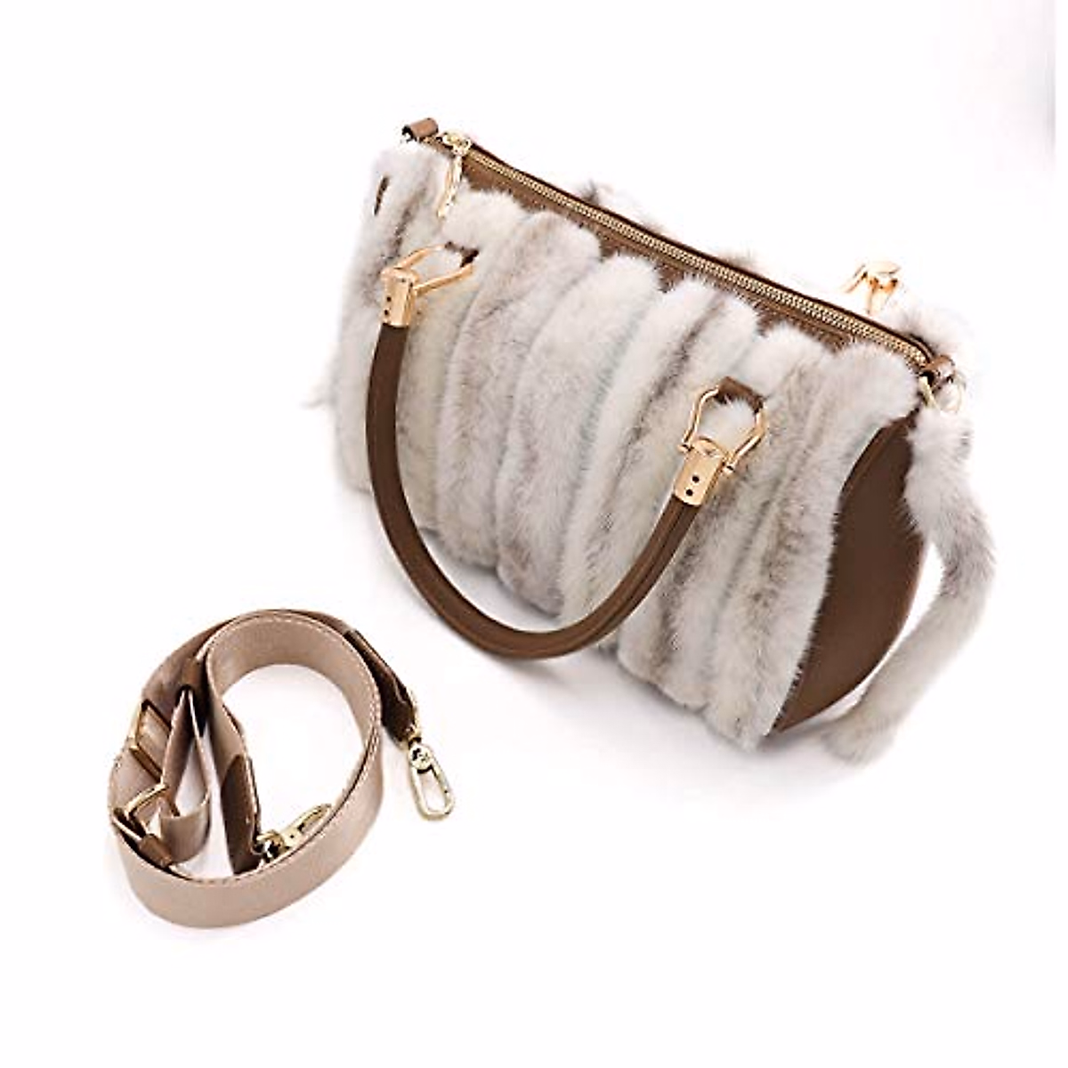 surell - Luxurious Mink Fur Handbag w Tails - Leather Tote Bag - High Fashion Purse Gift - Beautifully Crafted Pocketbook with Zipper Closure - Stylish and Quality Fuzzy Accessory - (White/Beige)