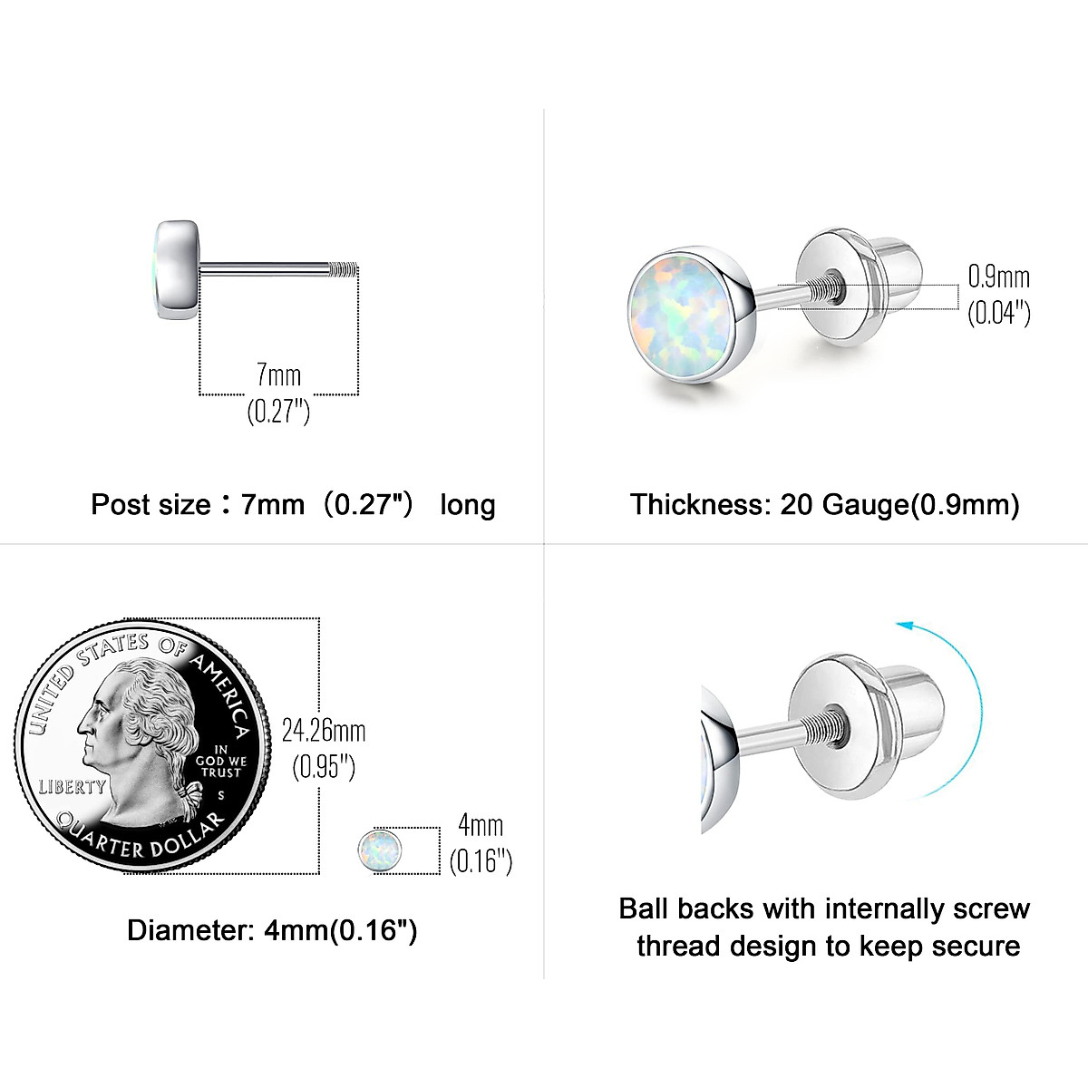 TANGPOET Rose Gold Screw Back Stud Earrings for Women Tiny Comfy White Opal Earrings 925 Sterling Silver Hypoallergenic Earring for Sensitive Ears Birthday Gifts for Ladies