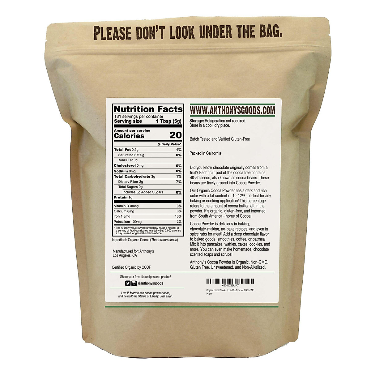 Anthony's Organic Cocoa Powder, 2 lb, Gluten Free, Non GMO