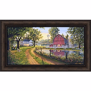 The Road Home by Kim Norlien 16x28 Farm House Red Barn Windmill Silo Cows Pond Dog Country Framed Art Print Picture
