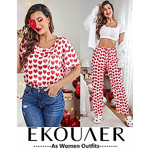 Ekouaer Happy Valentines Day Outfit Womens Pajama Sets Silk Pj Set Short Sleeve Satin Silky Pajama Set Ladies Pajamas Pyjamas Pants Set Soft Loungewear Set Valentines Day Gifts Red Heart S