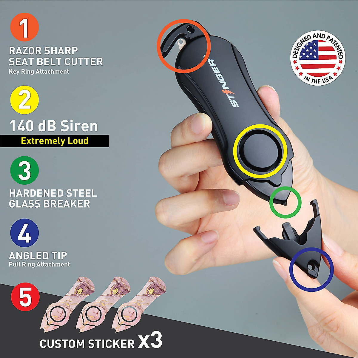 Stinger Personal Alarm Keychain Emergency Tool, Safety Panic Alarm Siren, Seat Belt Cutter, Glass Breaker, Security Device for Women Men Kid, Design in USA (Pink Marble)