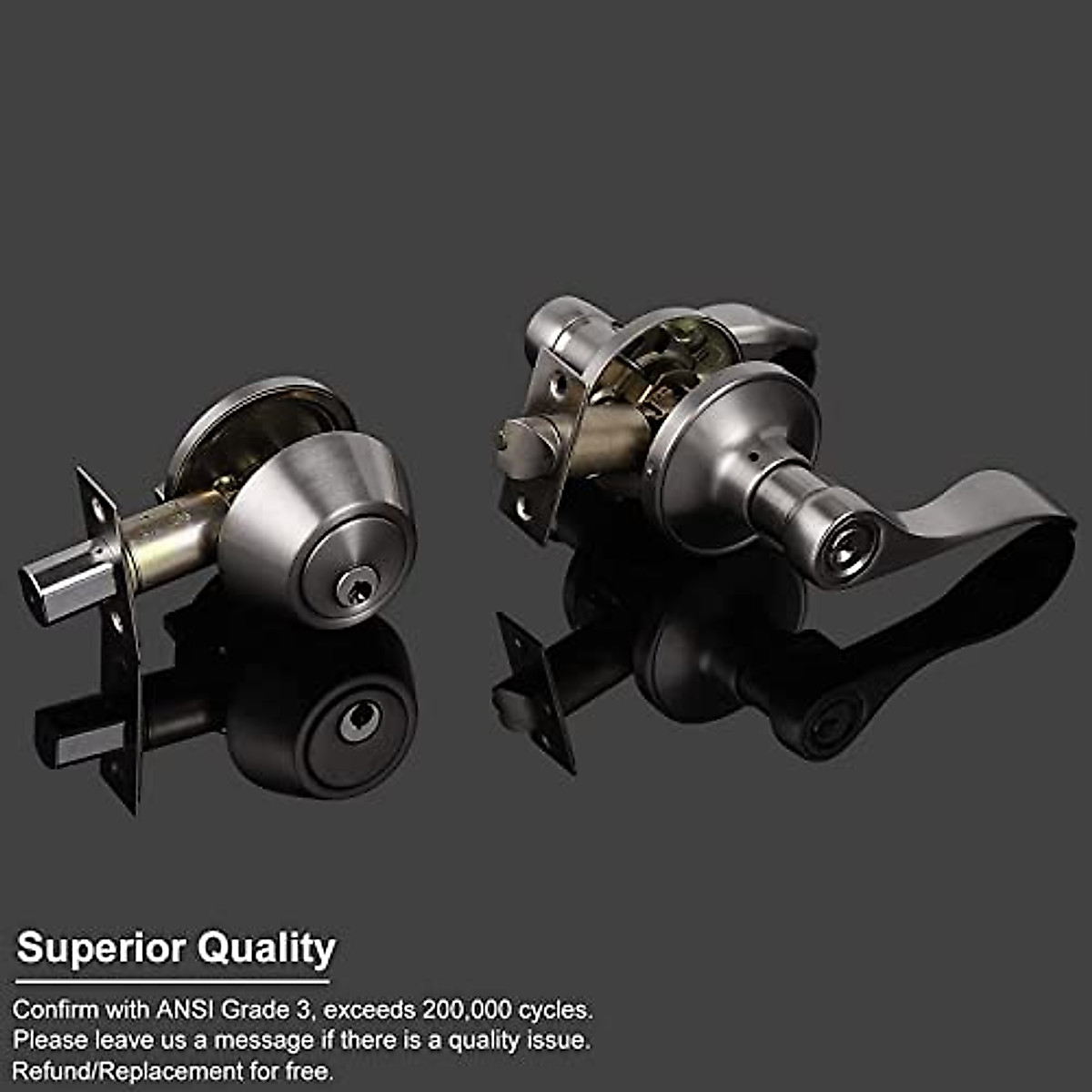 DECORITEN Entry Door Levers with Double Cylinder Deadbolt, All Keyed Alike Satin Nickel Handlesets, Front/Exterior Door Locksets, 6 Set