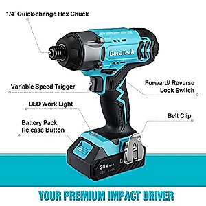 DURATECH Impact Driver Kit - 20V Electric 1/4 Inch Driver Set with 20 Pcs Sockets and Screwdriver Bits, Fast Charger and Heavy Duty Storage Case Included, Great Gift