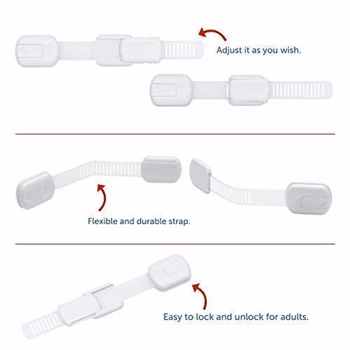 CUTESAFETY Child Proof Safety Locks - Baby Proofing Cabinet Lock with 6 Extra 3M Adhesives - Adjustable Strap Latches to Cabinets,Drawers,Cupboard,Oven,Fridge,Closet Seat,Door,Window (White, 6)