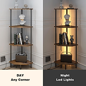 4 Tier Corner Shelf with LED Light,Tall Corner Wall Shelf, Display Shelf,Narrow Bookshelf,The Classic Combination of Rustic Brown and Black Standing Shelf,Suitable for Bedroom,Living Room,Kitchen