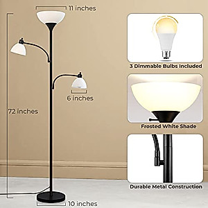 Isloys Floor Lamp, Torchiere Bright Floor Lamp with 2 Reading Lamps for Living Room, Led Floor Lamp with 3 Levels Dimmable Brightness, Industrial Floor Lamp for Reading Offices(3 Bulbs Included)