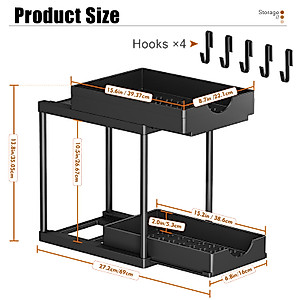 2 Pack Under Sink Organizer with Hooks & Hanging Cups, 2-tier Double Pull-out Drawer Kitchen Under Sink Storage for Canned Sauce, Salad etc, Bathroom Counter Organizer for Spice Makeup Cosmetics